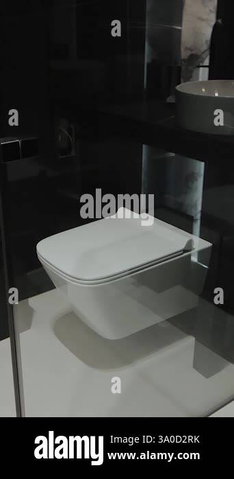 A sleek white toilet situated in a beautifully contemporary bathroom ...