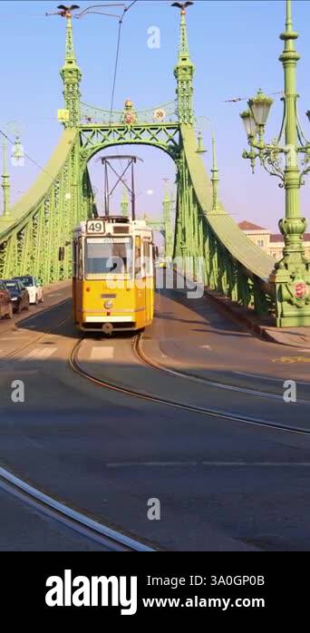 02-17-2025, Budapest. vertical Historic yellow tram 49 crossing iconic ...