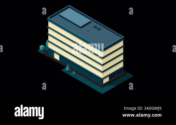 Isometric city building at night animation. Isometric modern building. Skyscraper building or ...