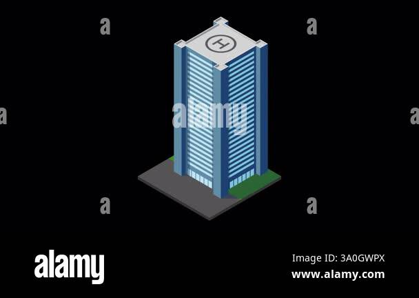 Isometric city building animation. Isometric modern building. Skyscraper building or business ...