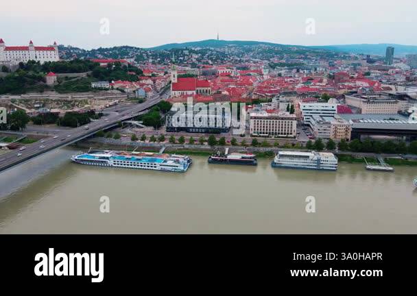 Aerial view of UFO Bridge Most SNP over Danube River in Bratislava ...