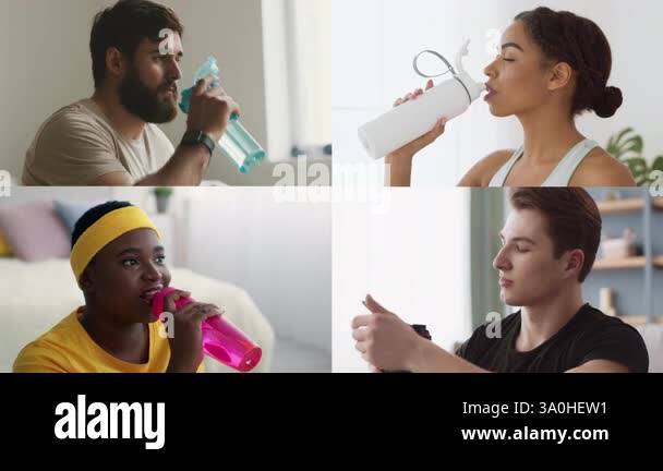 Four athletic individuals engage in hydration, showcasing a variety of ...