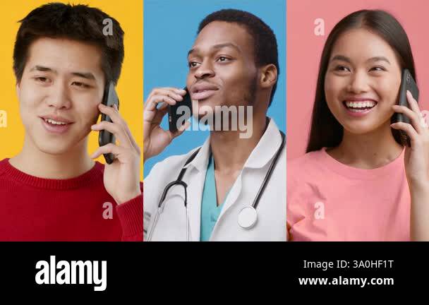 Three young individuals engage in lively conversations on their ...