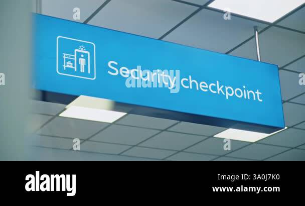 Modern International Airport Terminal: Big LED Blue Security Checkpoint ...