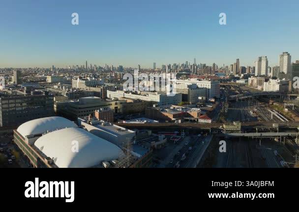 Aerial view capturing sunny New York City morning in Queens borough ...