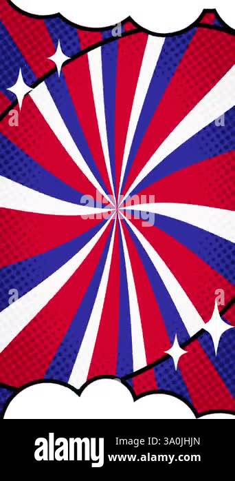 Retro red, blue and white sunburst with cloud background animation ...