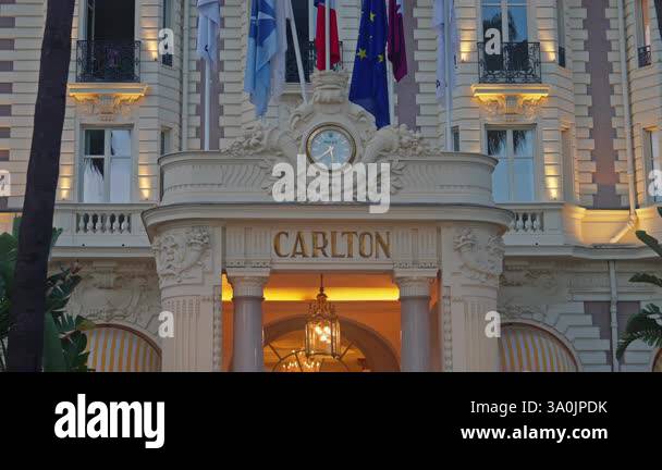 Cannes, France, 25 February 2025: The illuminated facade of the Carlton ...
