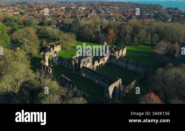 Ancient English Abbey Ruins Aerial Sideways Left Panning View With ...