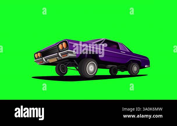 Hydraulic Lowrider Car Jump and Hop Freestyle Cartoon Animated On Green ...