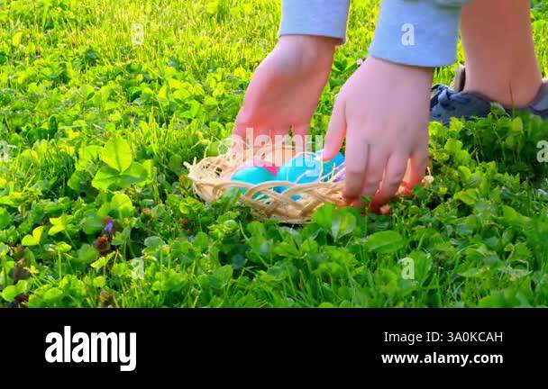 collecting colorful Easter eggs.Easter Egg Hunt. Child collecting eggs ...