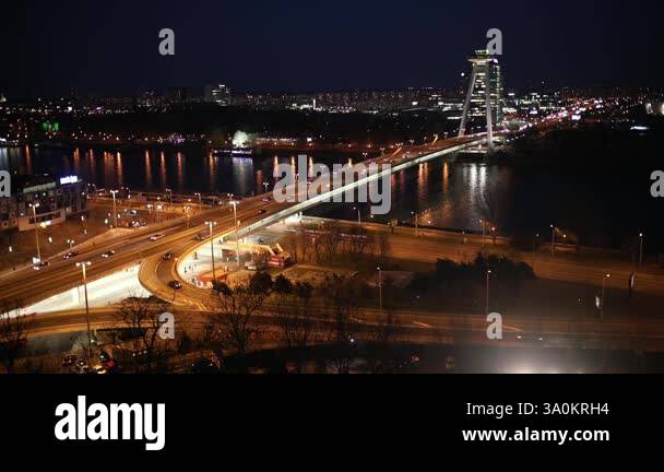 The UFO Bridge in Bratislava spans the Danube River with its futuristic ...