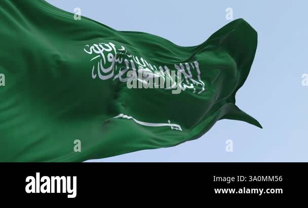 Close- up of the Saudi Arabian national flag waving in the wind. Green ...