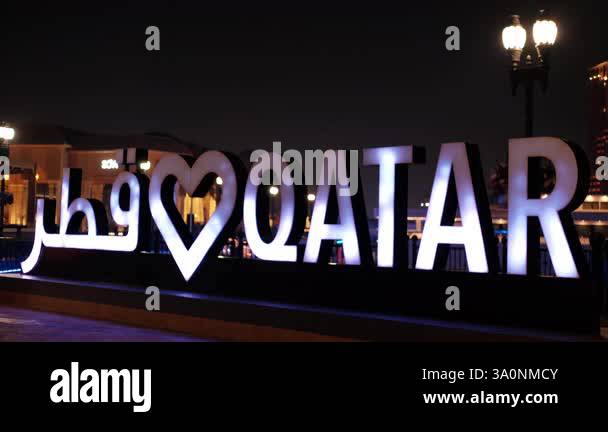 DOHA, QATAR - JANUARY 6, 2025: Illuminated sign that reads I Love Qatar ...