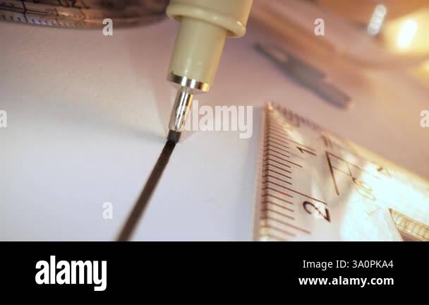 Macro Close-Up of Fineliner Pen Scribbling Straight Line precise ink ...