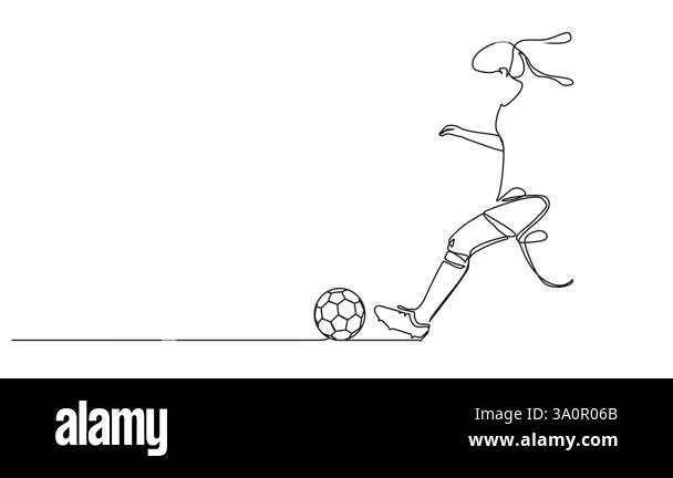 animated continuous single line drawing of girl playing soccer, line ...
