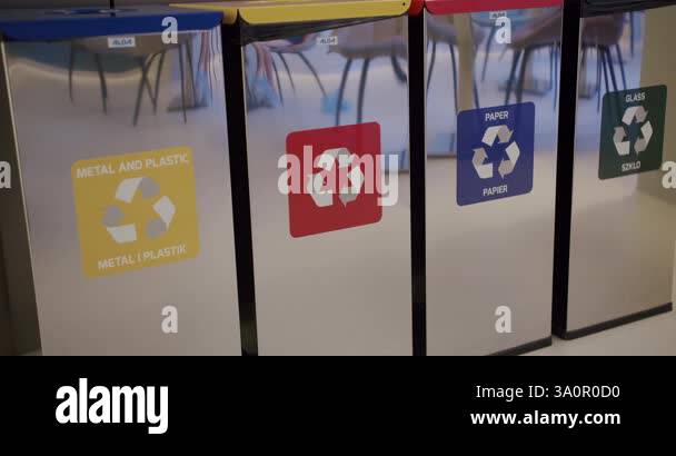 Colored boxes, waste sorting, metal, plastic, glass, bulbs, organic ...