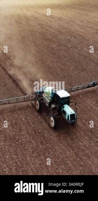Farm machine sprayer tractor. Aerial view of modern farm machine ...