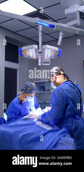 Two Caucasian surgeons work under the lamp in surgery room ...