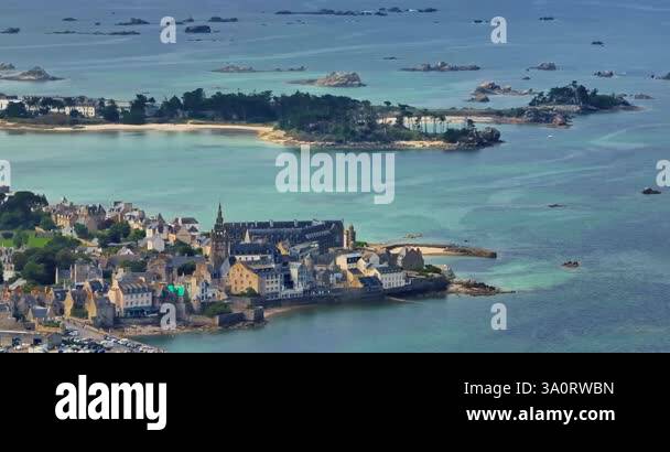 Aerial view of Roscoff cityscape, with Roscoff jetty in the background ...