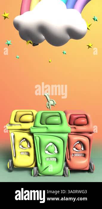 green, yellow, red separate recycling bins garbage 3d animation world ...