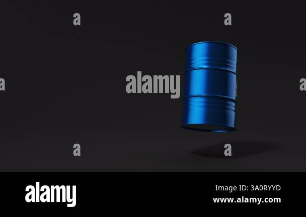 Single blue metal oil barrel rotating on black background. Front view ...