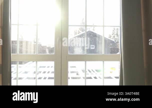 Winter landscape outside the window in a country house. View of the ...