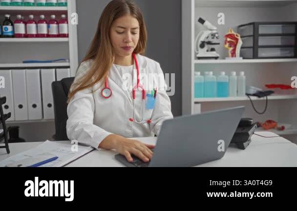 Young caucasian woman doctor in uniform with skeptical open-mouthed ...