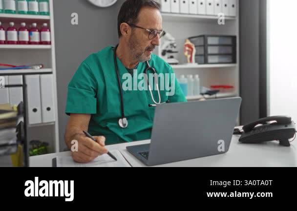 Doctor working at desk with laptop and phone in a hospital office ...