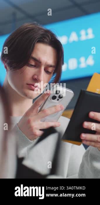 Crowded Airport Terminal: Young Man Scanning Plane Ticket Using Phone ...