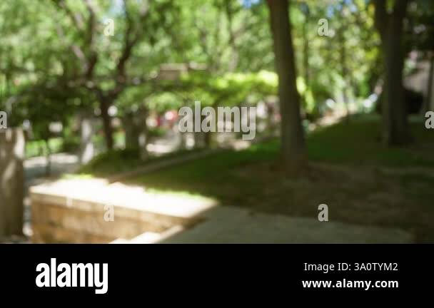 Blurred outdoor park scene in mallorca showing defocused trees and ...