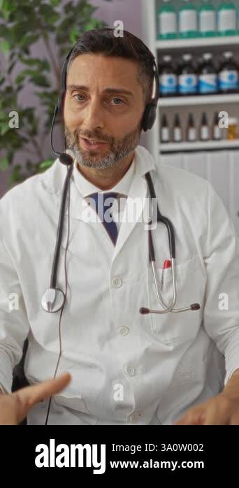 Doctor wearing headset consulting online in a clinic setting ...