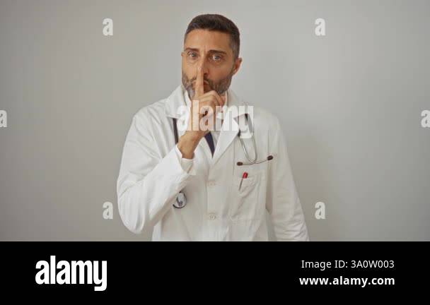 Male doctor making a shushing gesture with finger on lips wearing white ...