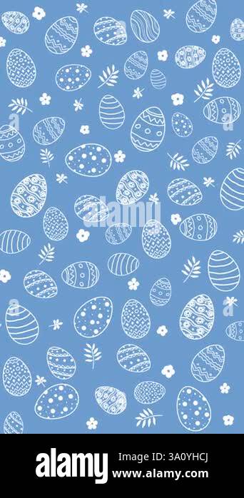 The decorative Easter eggs with different patterns and sizes on a blue ...
