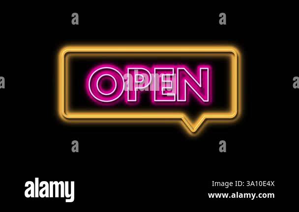 A bright, glowing OPEN neon sign animation, perfect for online shops ...