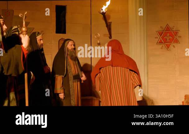 The Sanhedrin trial of Jesus at the high priest's palace during a ...