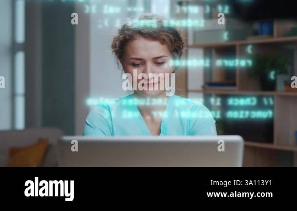 Attractive Adult Woman Working as IT Worker and Looking at Laptop ...