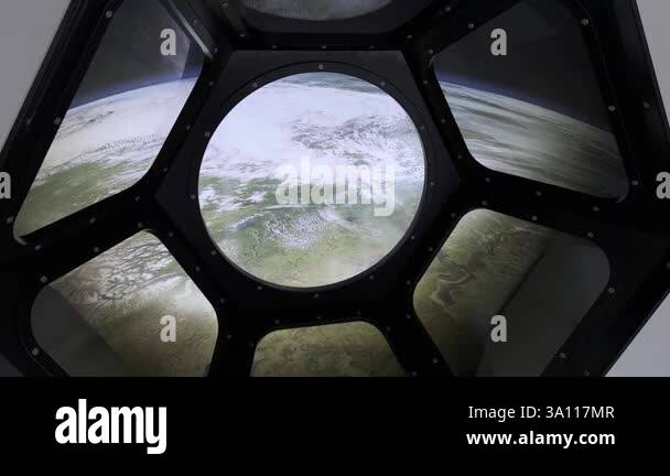 International space station cupola module revealing planetary rotation ...