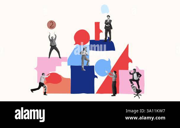 Group of employees stacking colorful speech bubbles to create structure ...