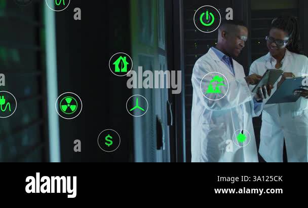 In lab, scientists working with animation of technology icons overlaying scene. Innovation ...