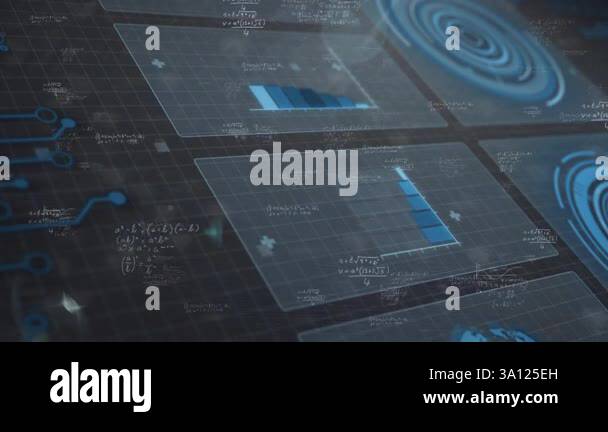 Analyzing data with bar graphs on digital grid featuring blue circular patterns. Statistics ...