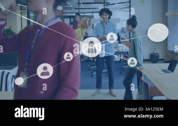 Network of connections and data processing animation over diverse ...