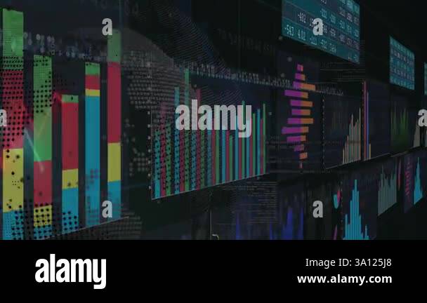 Animation of digital graphs and charts showing financial data on dark ...