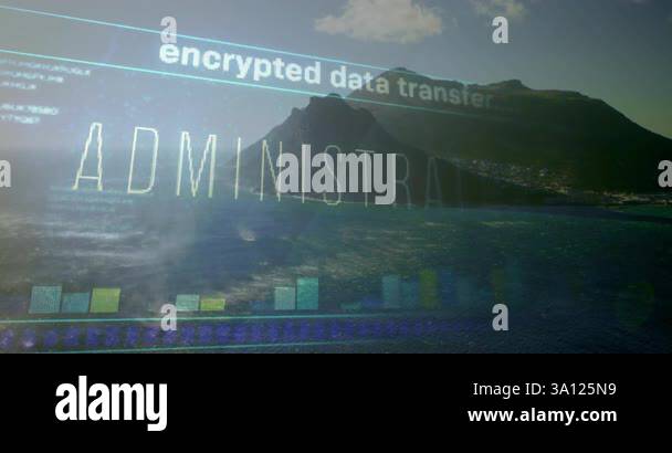 Encrypted data transfer animation over scenic coastal landscape with mountains. Technology ...