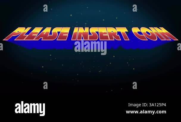 Animation of Please Insert Coin text glowing on starry background ...