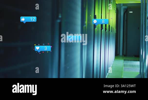 Floating social media notifications over server room with glowing lights animation. Technology ...