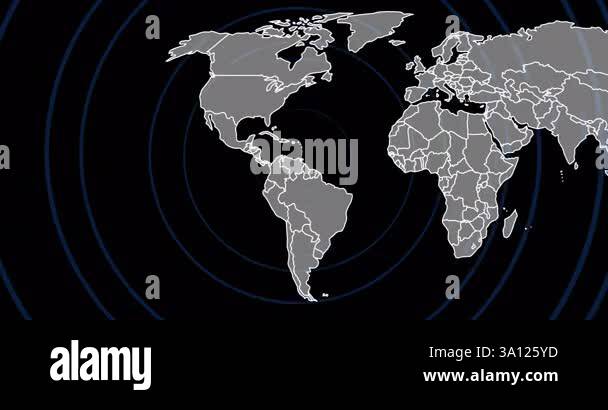 Animation of world map with concentric circles highlighting global ...