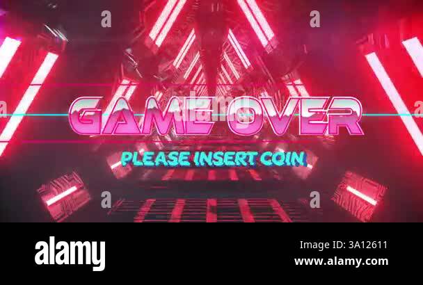 Game Over animation on retro arcade screen, Please Insert Coin message ...