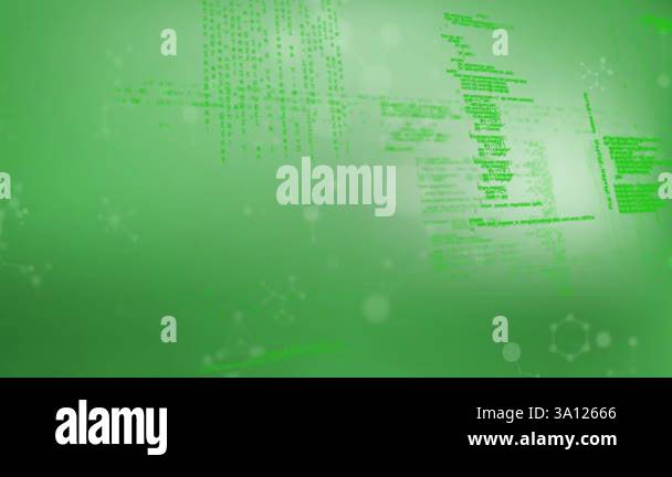 Animation of green digital code floating over abstract background in school setting. Technology ...