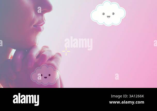 Profile of person with cute smiling cloud animations on pink background ...