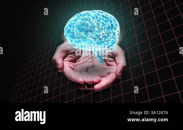 Holding glowing brain, hands surrounded by animation of mathematical ...